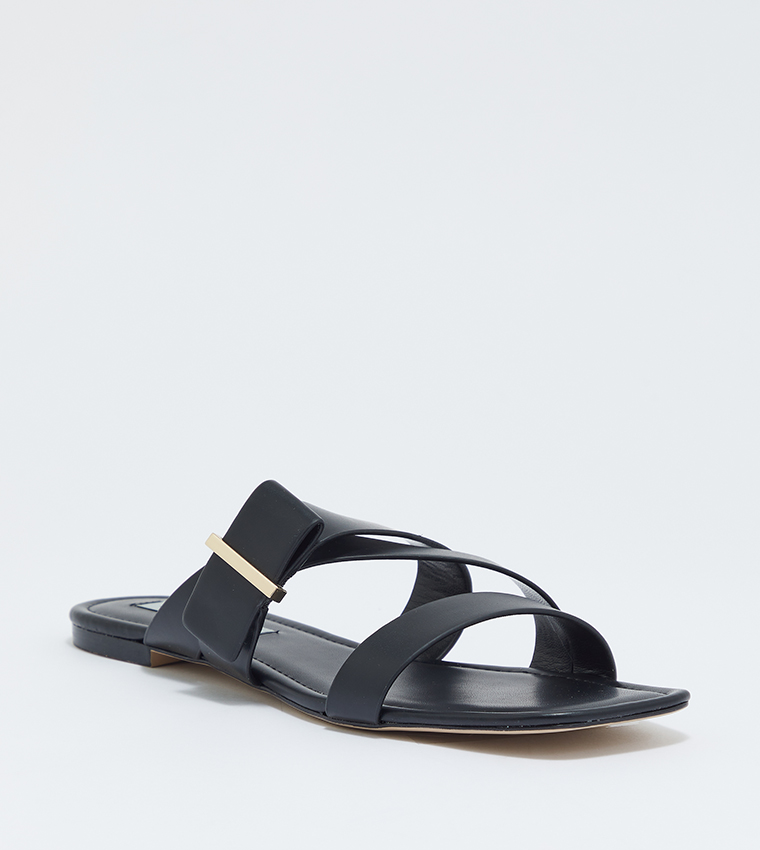 Buy Charles & Keith Metallic Accent Square Toe Slides In Black ...