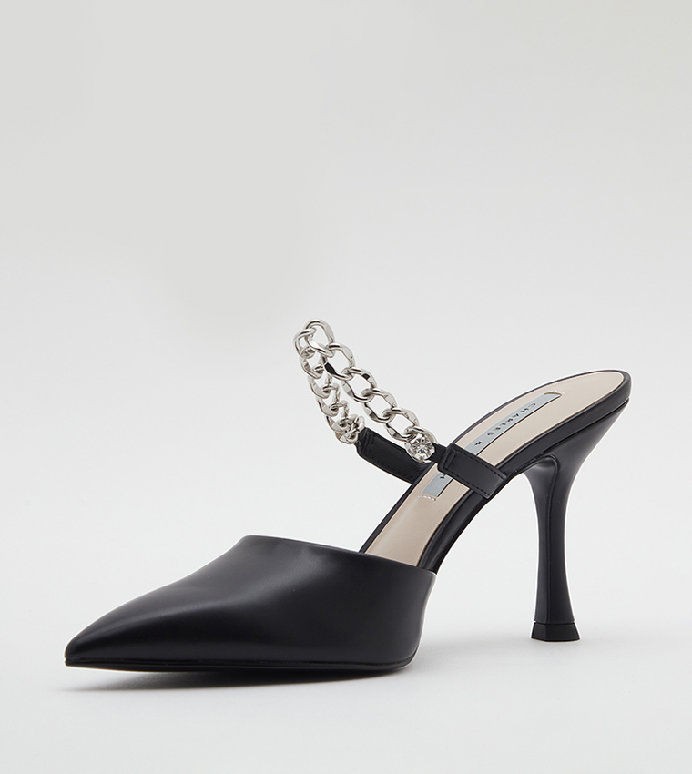 Buy Charles & Keith Chain Link Strap Heeled Mules In Black | 6thStreet ...