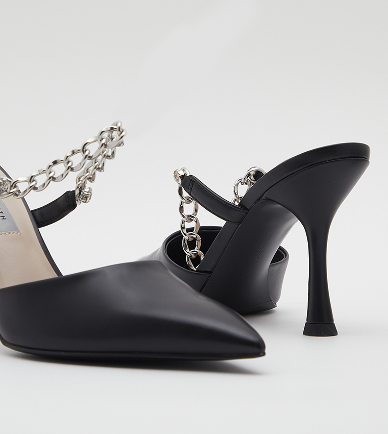 Buy Charles & Keith Chain Link Strap Heeled Mules In Black | 6thStreet ...