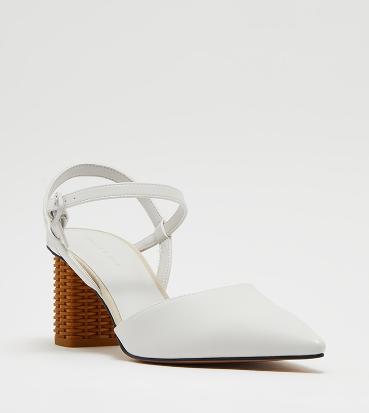 Buy Charles & Keith Rattan Block Heel Pointed Toe Sandals In White ...