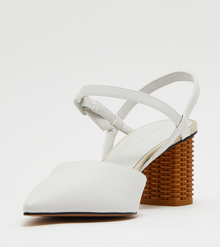 Buy Charles & Keith Rattan Block Heel Pointed Toe Sandals In White ...
