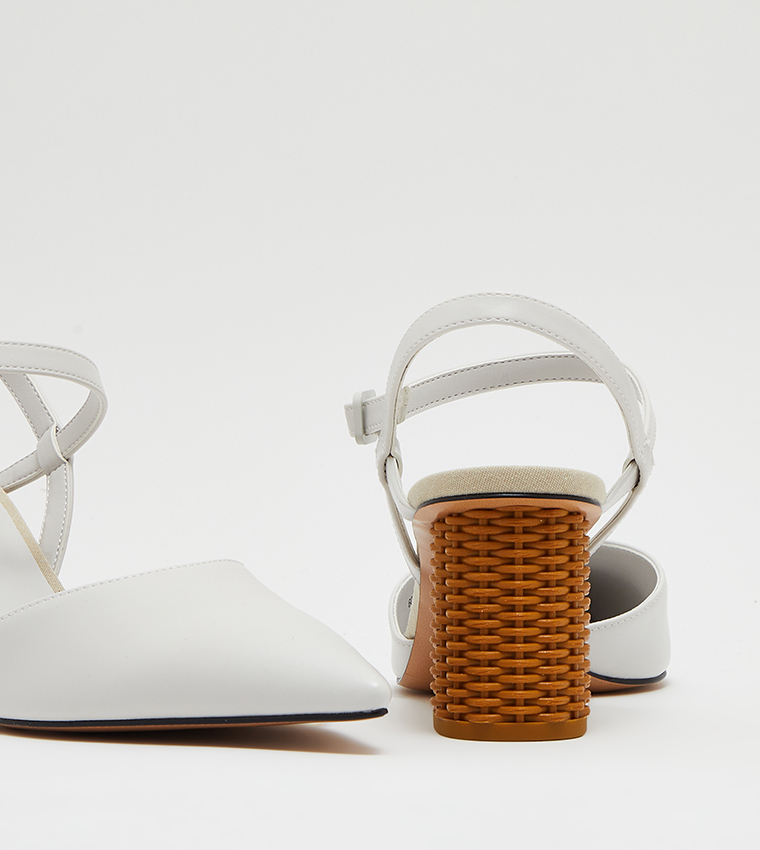 Buy Charles & Keith Rattan Block Heel Pointed Toe Sandals In White ...