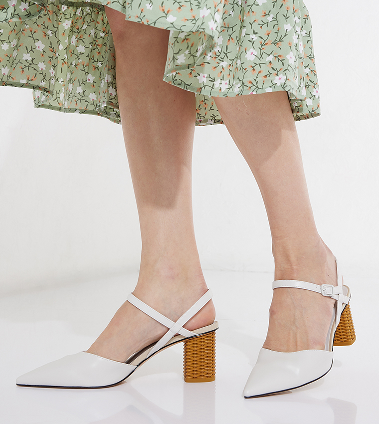 Buy Charles & Keith Rattan Block Heel Pointed Toe Sandals In White ...