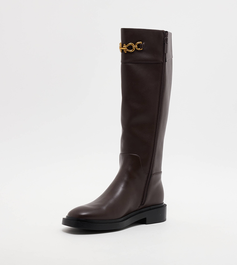 Buy Charles & Keith Metallic Chain Accent Knee High Boots In Brown ...