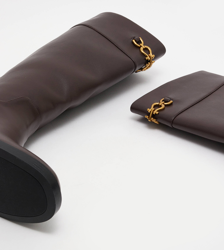 Buy Charles & Keith Metallic Chain Accent Knee High Boots In Brown ...