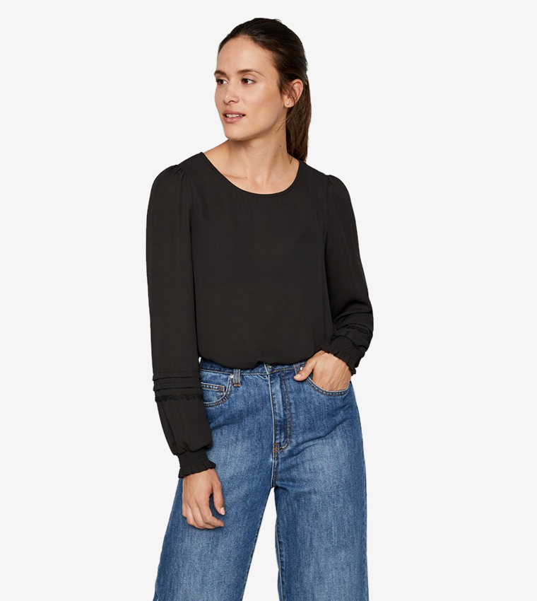Buy Vero Moda Solid Round Neck Long Puffed Sleeves Top In Black ...