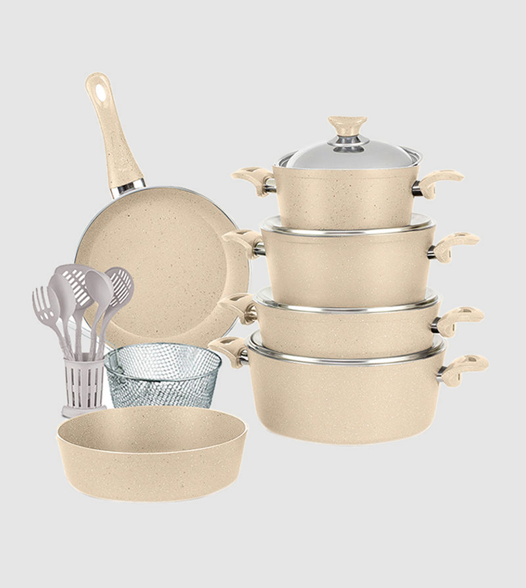Buy In House Granite Cookware Set Of 18 Pieces Beige Steel Lids In ...
