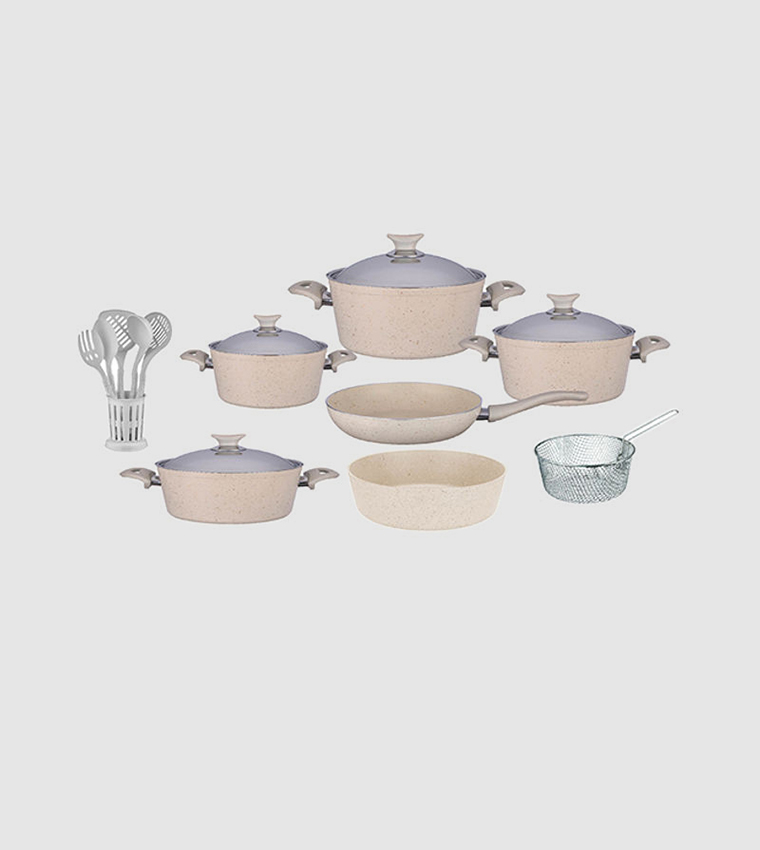 Buy In House Granite Cookware Set Of 18 Pieces Beige Steel Lids In ...