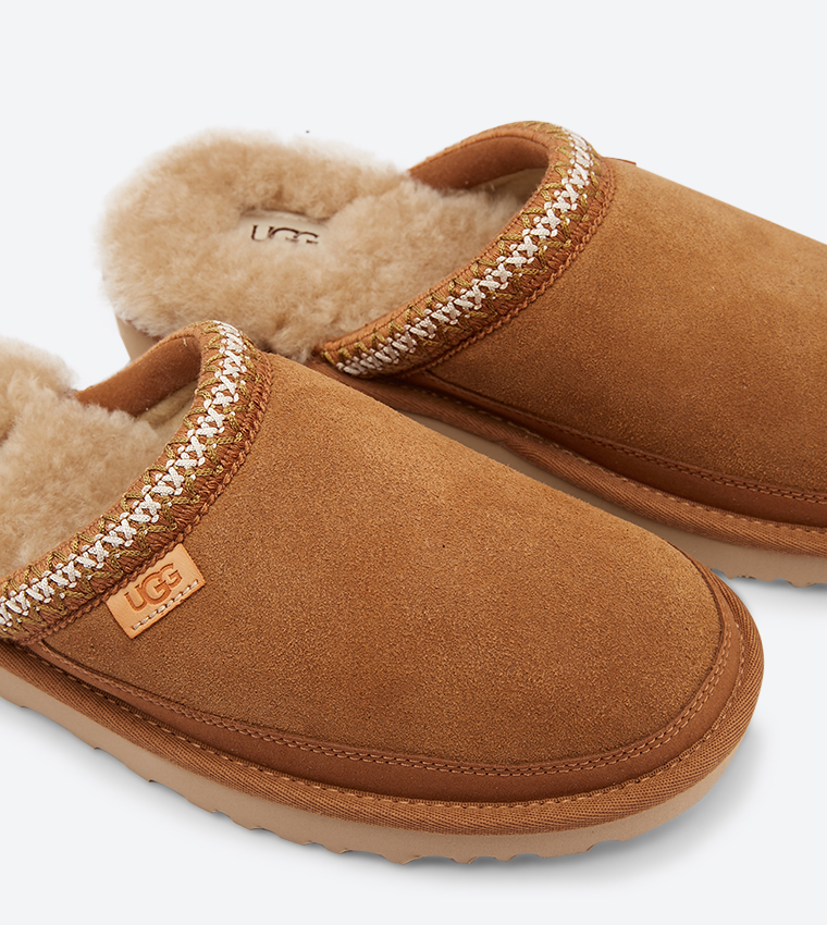 Buy Ugg Tasman Fur Details Open Back Round Toe Slides Tan In Tan ...
