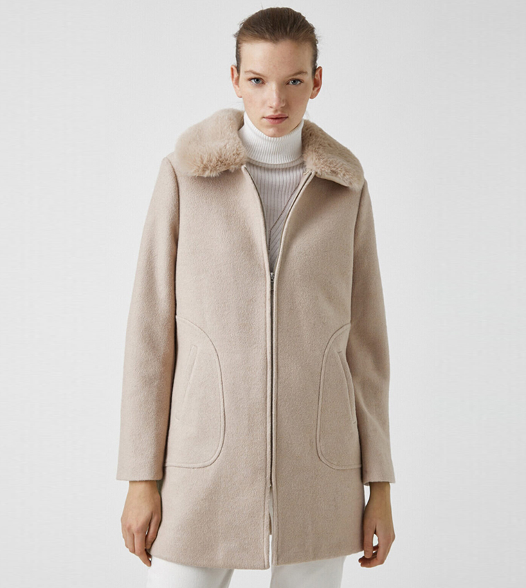 Buy Koton Faux Fur Wool Coat In Beige | 6thStreet Kuwait