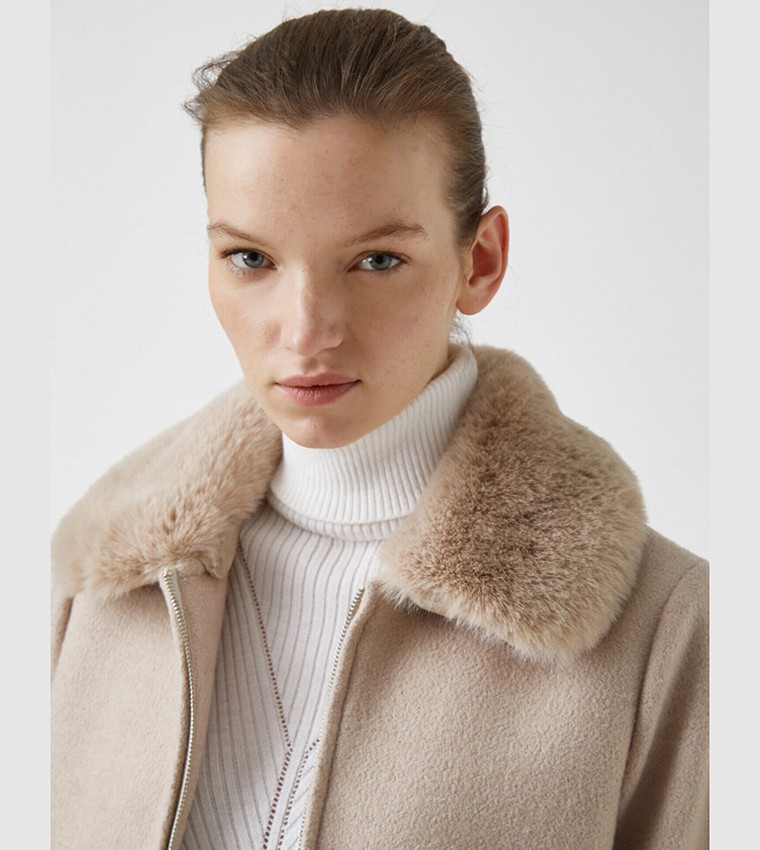 Buy Koton Faux Fur Wool Coat In Beige | 6thStreet Kuwait