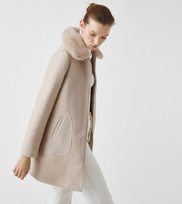 Buy Koton Faux Fur Wool Coat In Beige | 6thStreet Kuwait