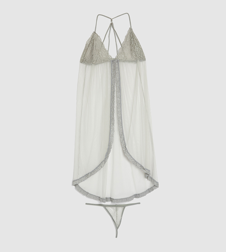 Buy HIS & HERS Sheer Lace Embroidered Babydoll In Grey | 6thStreet Qatar