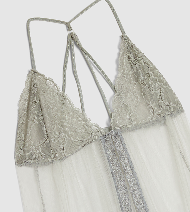 Buy HIS & HERS Sheer Lace Embroidered Babydoll In Grey | 6thStreet Qatar