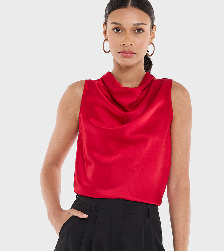 Buy BCBG Solid Cowl Neck Satin Top In Red | 6thStreet UAE