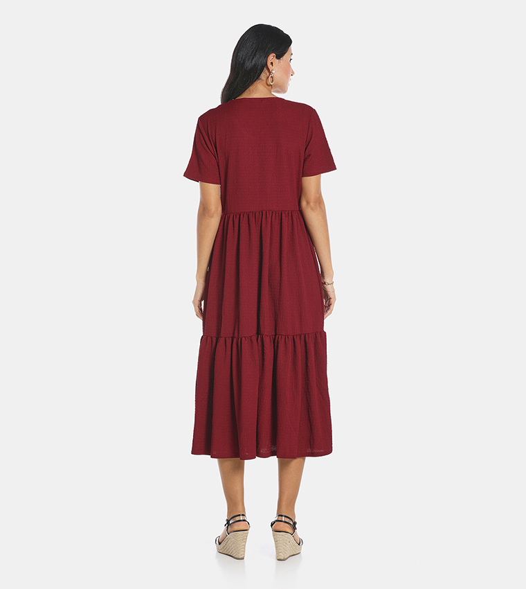 Buy HIS & HERS Casual Tiered Midi Dress In Red | 6thStreet Qatar