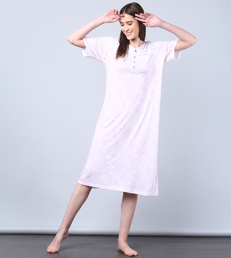 Buy HIS & HERS Solid Midi Night Dress In Pink | 6thStreet Qatar