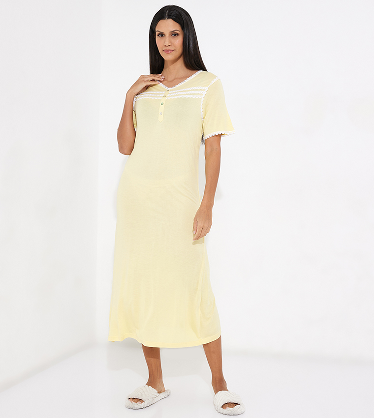 Buy HIS & HERS Solid Midi Night Dress In Yellow | 6thStreet Kuwait