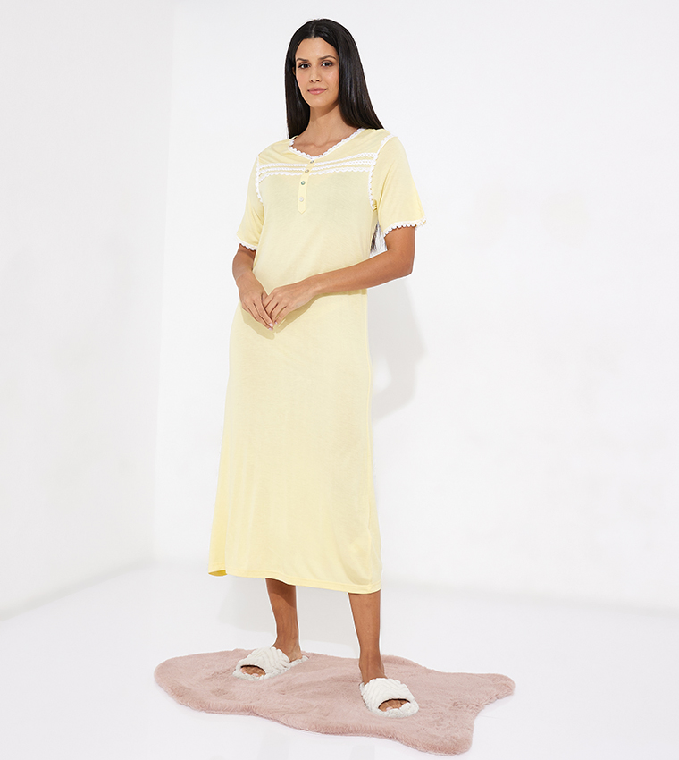 Buy HIS & HERS Solid Midi Night Dress In Yellow | 6thStreet Qatar