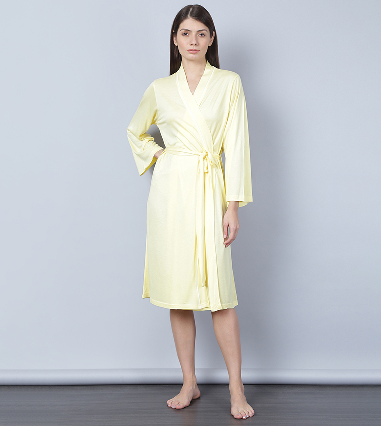 Buy HIS & HERS Solid Tie Up Night Robe In Yellow | 6thStreet Saudi Arabia
