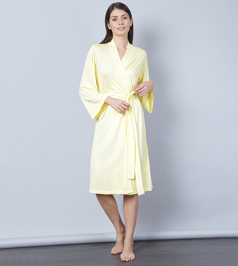 Buy HIS & HERS Solid Tie Up Night Robe In Yellow | 6thStreet Saudi Arabia