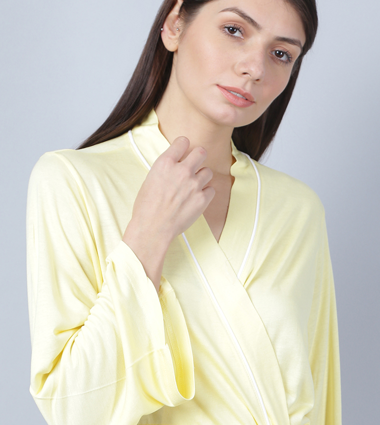 Buy HIS & HERS Solid Tie Up Night Robe In Yellow | 6thStreet Saudi Arabia