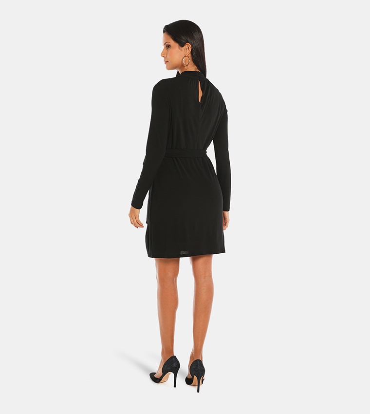 Buy HIS & HERS Keyhole Neck Belted Mini Dress In Black | 6thStreet Qatar