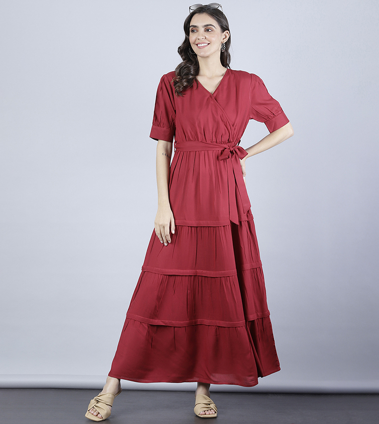 Buy HIS & HERS Solid Tiered Maxi Dress In Burgundy | 6thStreet Qatar