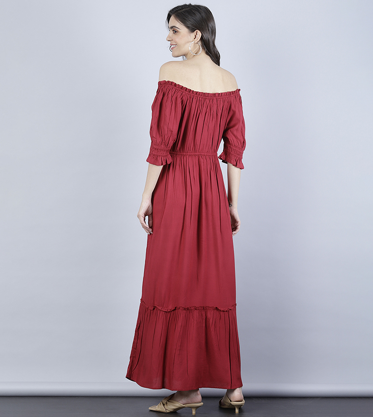 Buy His And Hers Solid Off Shoulder Tiered Maxi Dress In Burgundy
