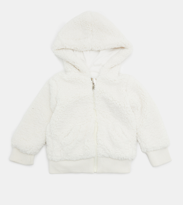Buy Adams Kids Borg Fleece Front Open Hooded Jacket In Cream ...