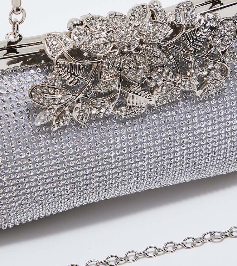 Buy Tyra Embellished Top Handle Clutch With Sling In Silver | 6thStreet UAE