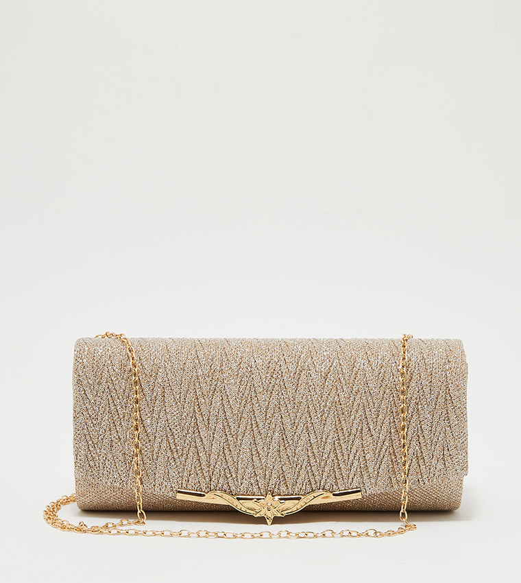 Buy Tyra Textured Clutch With Sling In Gold | 6thStreet UAE