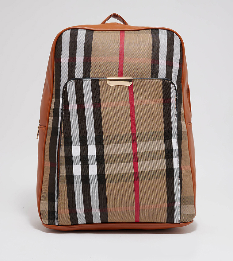 Buy Tyra Plaid Zippered Backpack In Beige | 6thStreet UAE