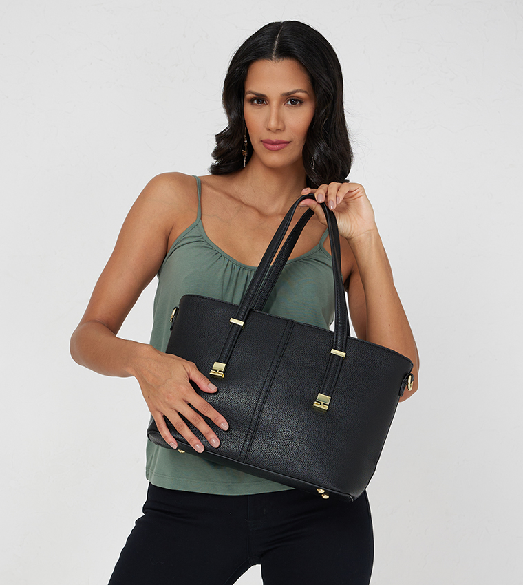 Buy Tyra Textured Tote Bag Set In Black | 6thStreet UAE