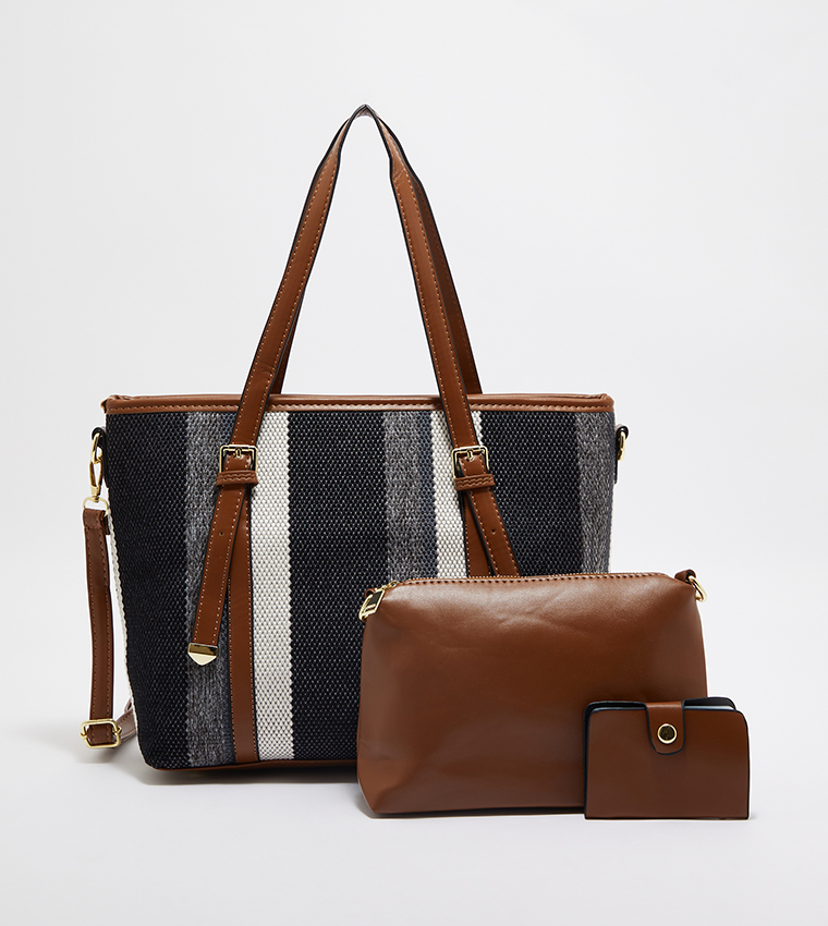 Buy Tyra Striped Woven Tote Bag Set In Multiple Colors | 6thStreet UAE
