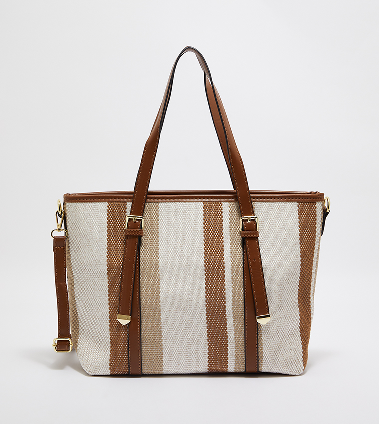 Buy Tyra Striped Woven Tote Bag Set In Tan | 6thStreet UAE