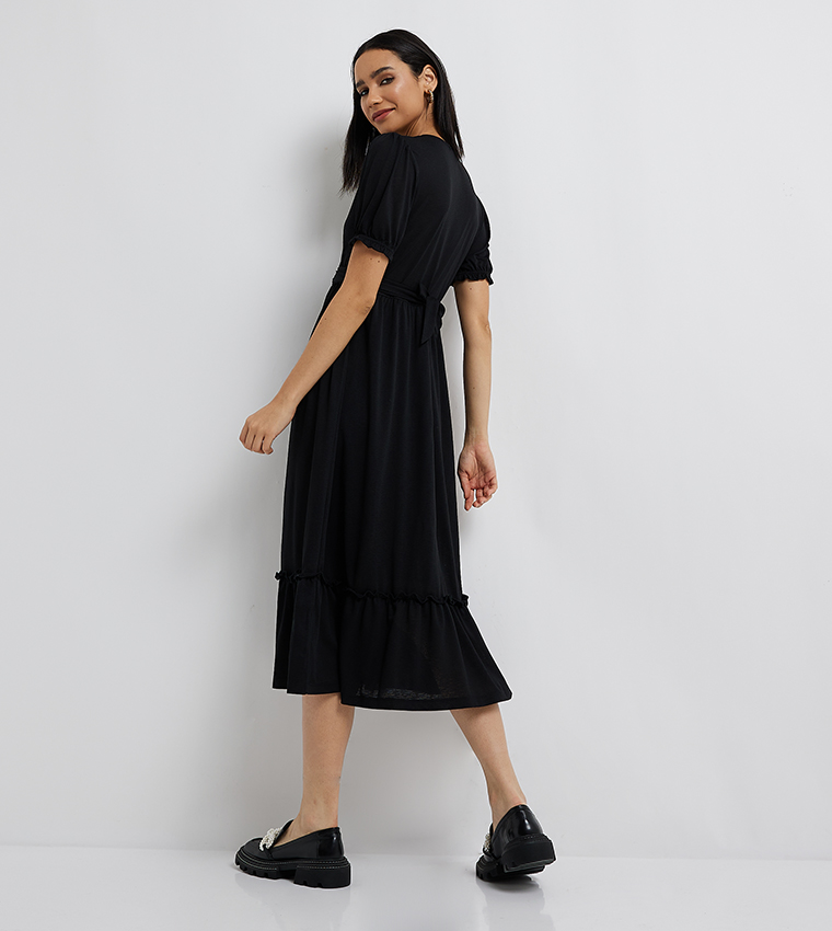 Buy HYA Solid Ruffle Hem Dress With Belt In Black | 6thStreet UAE