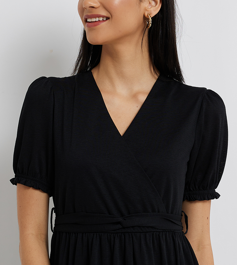 Buy HYA Solid Ruffle Hem Dress With Belt In Black | 6thStreet UAE