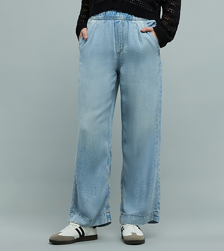 Buy R&B Washed Wide Leg Jeans With Elastic Waist In Light Blue ...