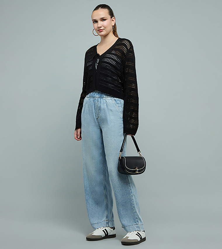 Buy R&B Washed Wide Leg Jeans With Elastic Waist In Light Blue ...