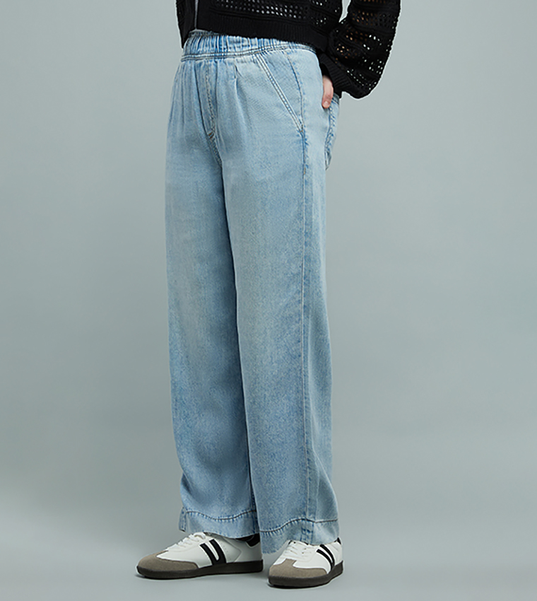 Buy R&B Washed Wide Leg Jeans With Elastic Waist In Light Blue ...