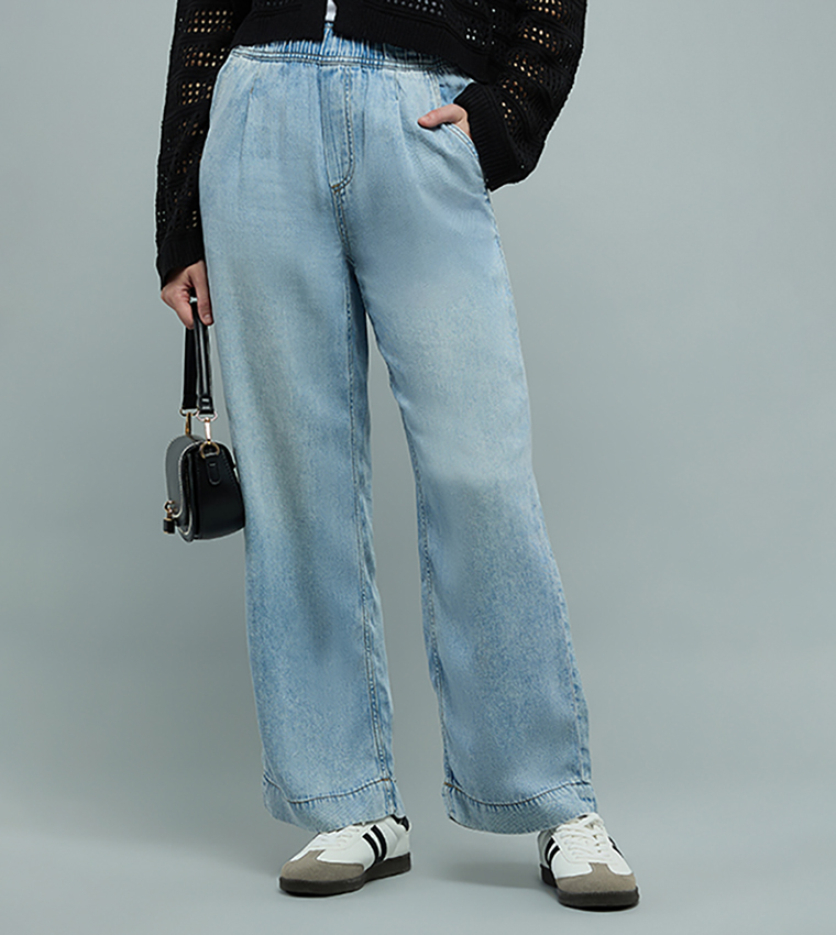 Buy R&B Washed Wide Leg Jeans With Elastic Waist In Light Blue ...