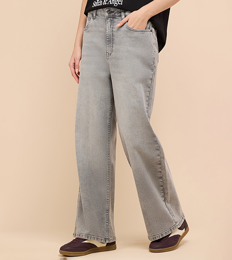 Buy R&B Washed Wide Leg Jeans With Button Closure In Grey | 6thStreet UAE