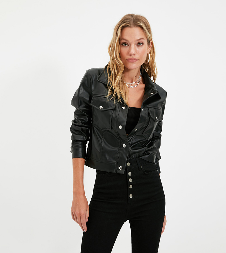 Buy Trendyol Snap Closure Faux Leather Jacket In Black | 6thStreet Kuwait
