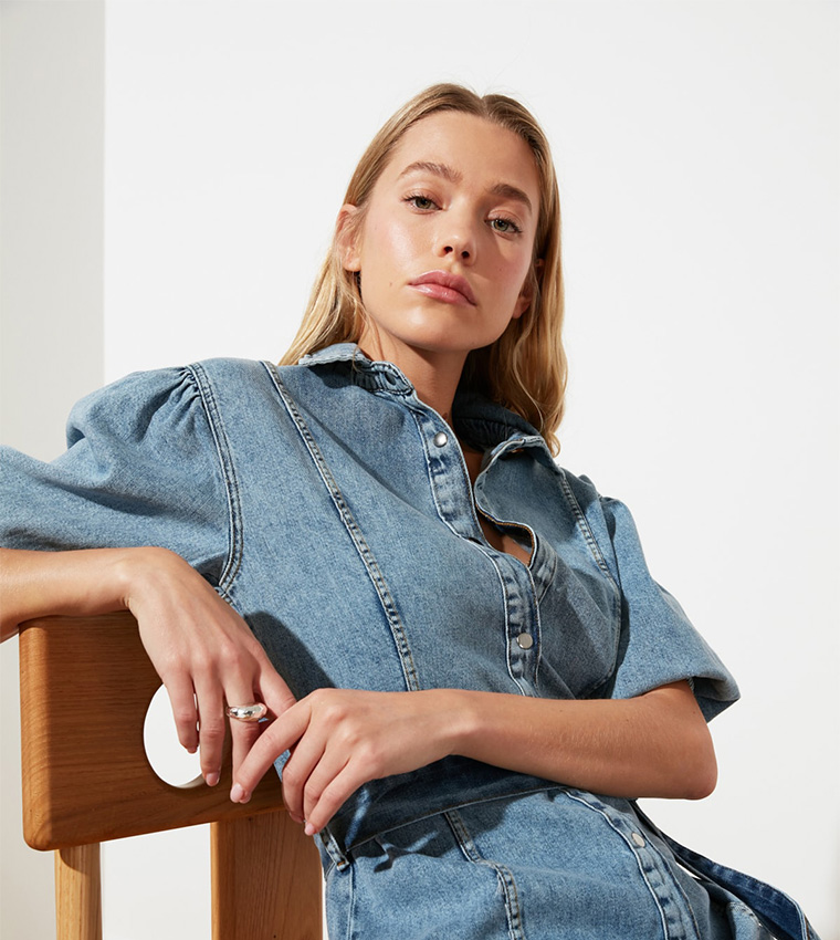 Buy Trendyol Belted Mini Denim Dress In Blue | 6thStreet Bahrain