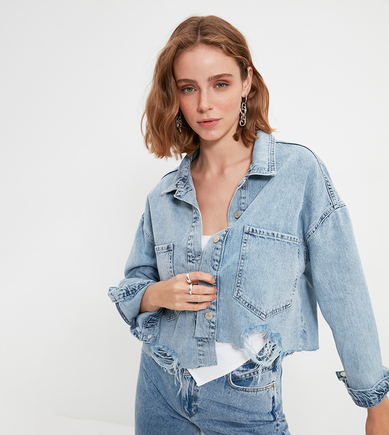 Buy Trendyol Open Pocket Detailed Crop Denim Jacket In Blue | 6thStreet ...
