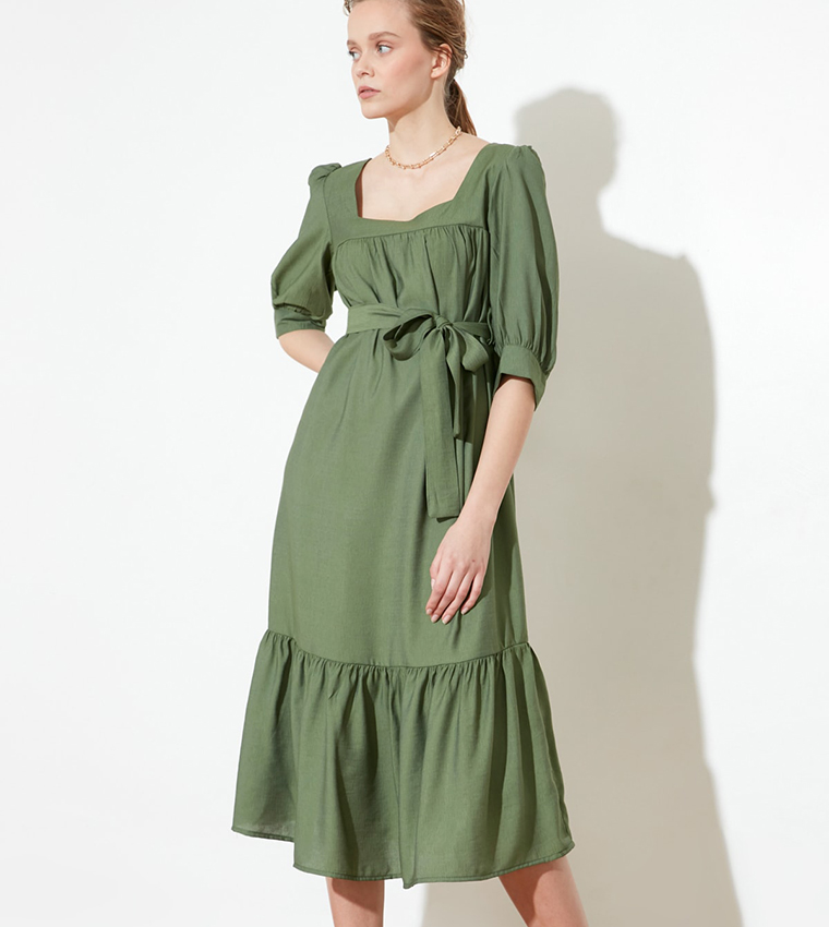 Buy Trendyol Belted Square Dress In Khaki | 6thStreet Kuwait