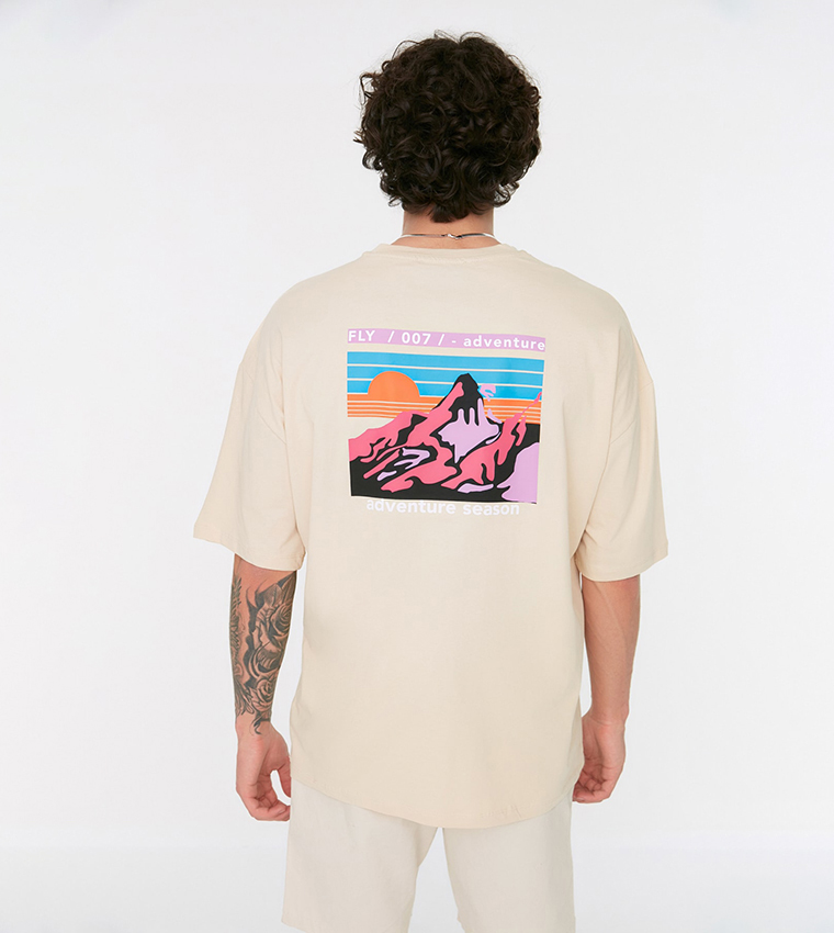 Buy Trendyol Back Printed Relaxed Fit Oversize T Shirt In Beige ...