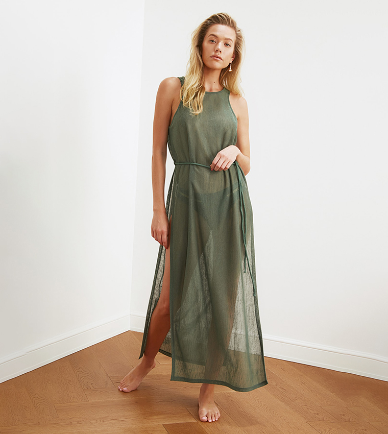 Buy Trendyol Deep Slit Knitted Beach Dress In Khaki | 6thStreet Bahrain