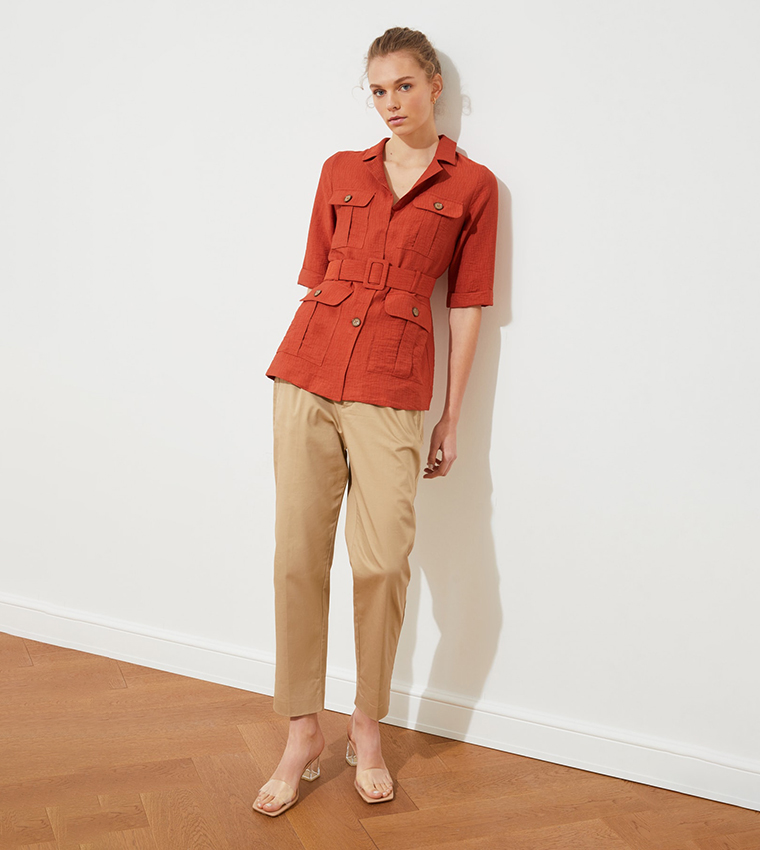 Buy Trendyol Tile Belt Jacket In Brown | 6thStreet UAE